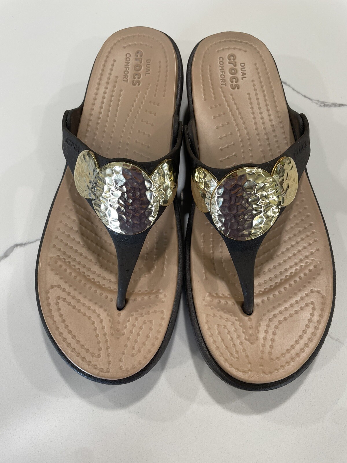 Crocs Sanrah Gold Embellished Espresso Wedge Shoes Sa… - Gem