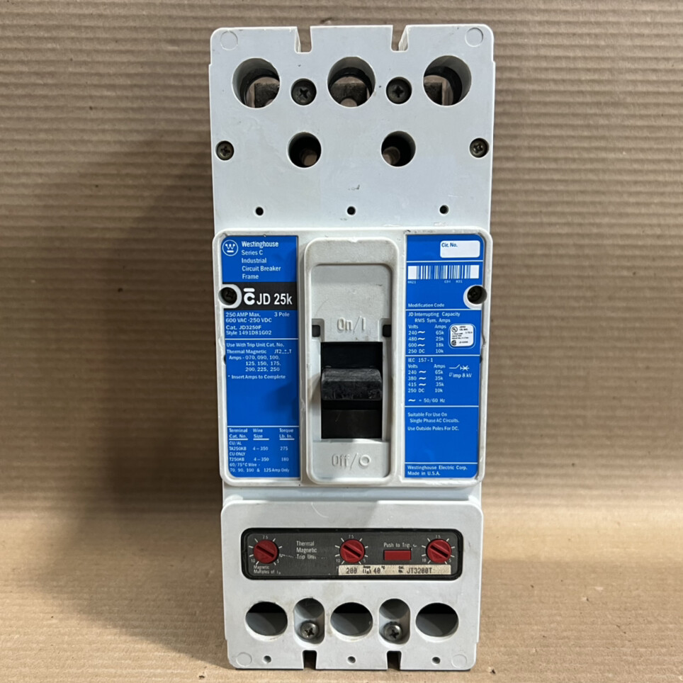 Westinghouse JD 25k 3 Pole 200 Amp 600V JD3250F Circuit Breaker JD3200 ...