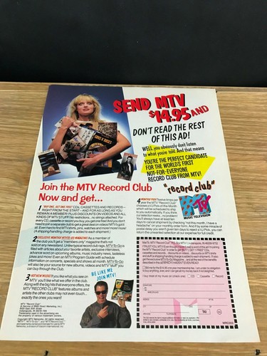 1989 VINTAGE 8X11 PROMO PRINT AD FOR THE MTV RECORD CLUB + MTV-TO GO ...
