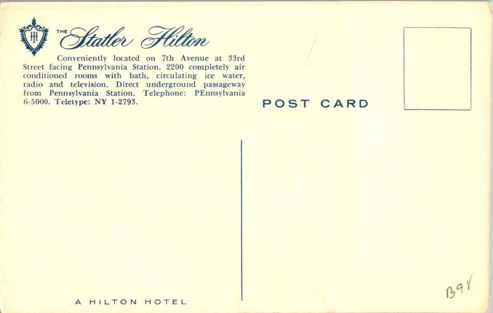 New York City NY,, The Statler Hilton Hotel Vintage Postcard unposted ...