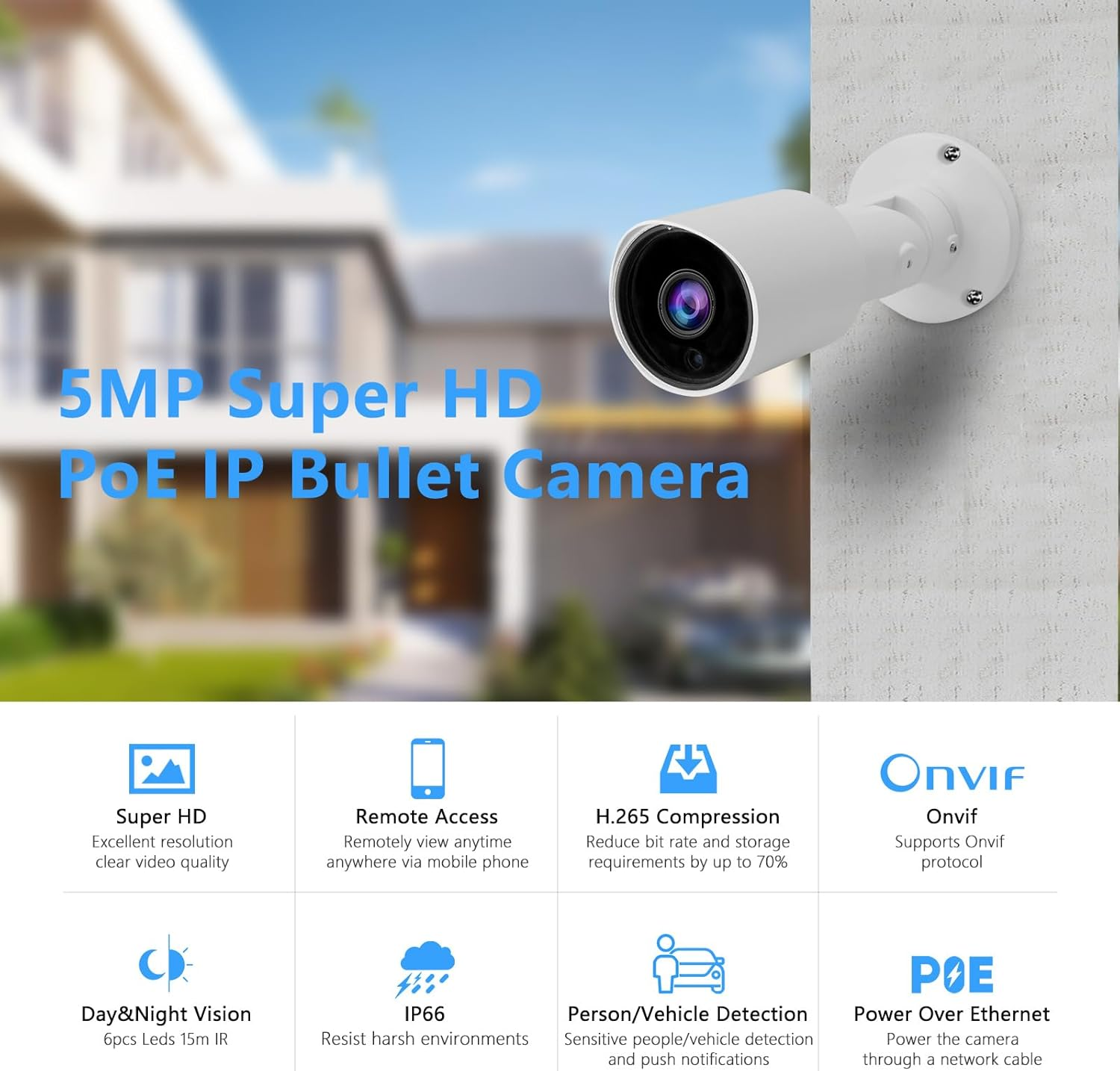5MP PoE IP Bullet Camera Outdoor, H.265 PoE IP Security Camera with 2 ...