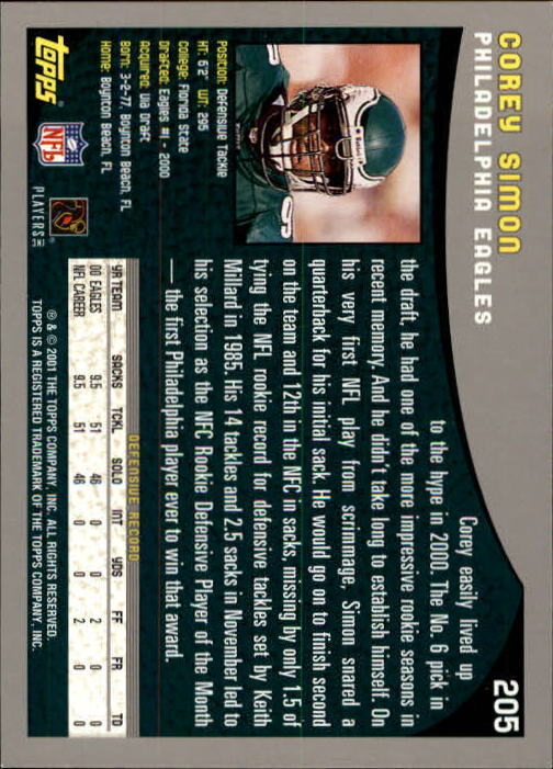 2001 Topps Football Card #205 Corey Simon | eBay