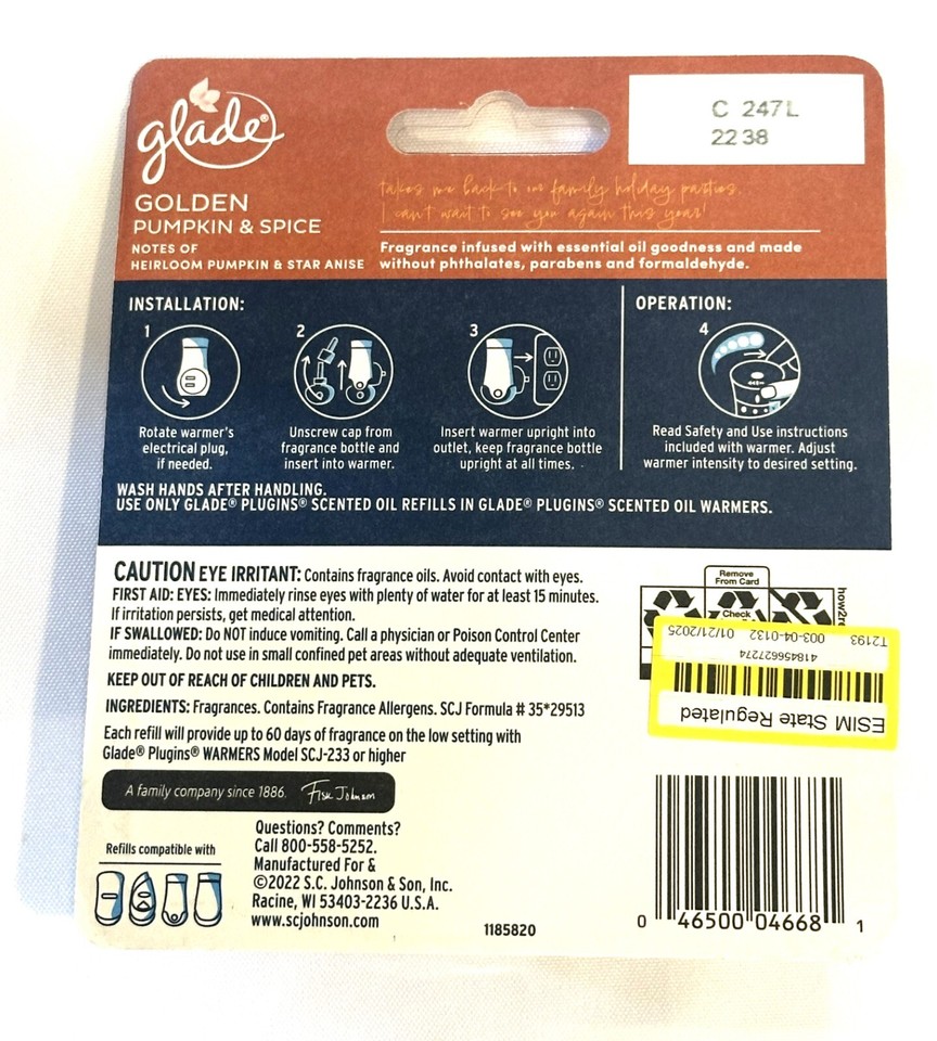 New Glade PlugIns Refills Air Freshener Essential Oils Pumpkin Spice 1 ...