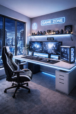 Cool Tone Gaming Room Wall Art – City View Setup | Gaming Decor ...