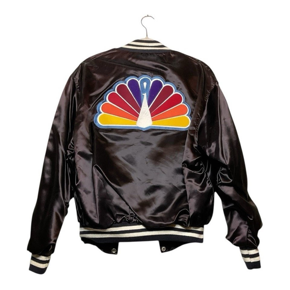 Vintage NBC satin bomber jacket with large peacock patch on back, size ...