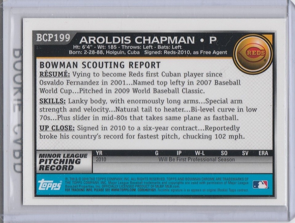 AROLDIS CHAPMAN ROOKIE CARD 2010 Bowman CHROME RC Cincinnati Reds ...