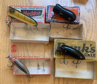 LOT OF 4 VINTAGE LURES HEDDON CARTER'S DUNK'S SHAKESPEARE USED IN BOXES ...