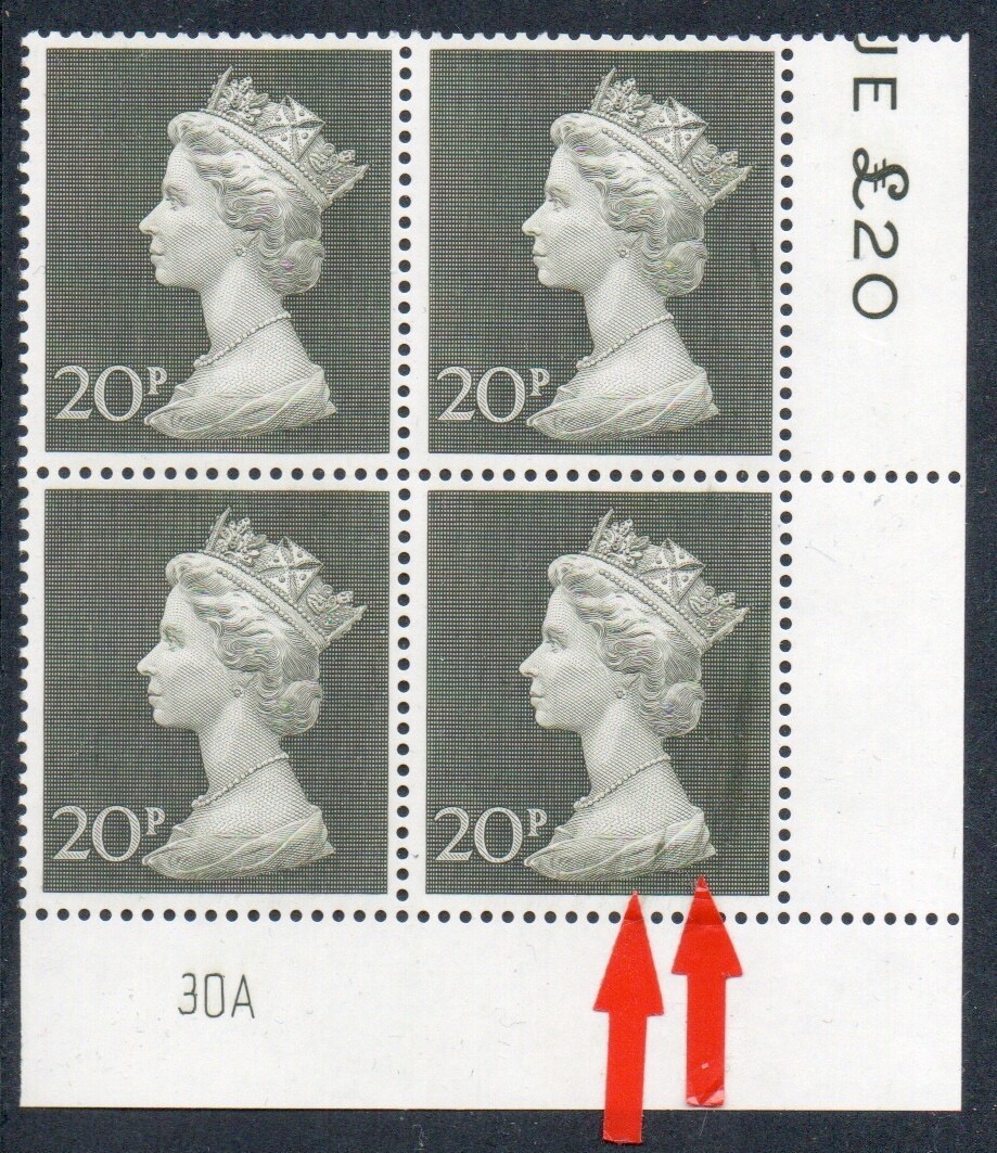 MACHIN 20p PLATE BLOCK 30A WITH PRINT ERROR EXCELLENT UNHINGED MINT SG ...