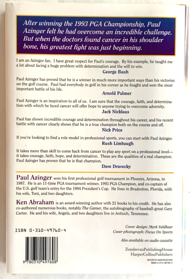 PAUL AZINGER ZINGER INSPIRATIONAL SIGNED GOLF BOOK RYDER CUP CAPTAIN C5 ...