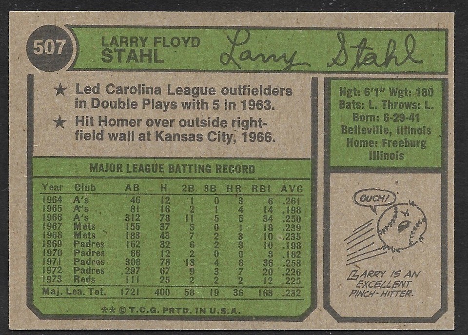 1974 TOPPS #507 Larry Stahl CINCINNATI REDS EX-MINT C | eBay