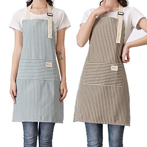 2 Pack Adjustable Bib Aprons w/ 2 Pockets Cotton Cooking Apron for ...