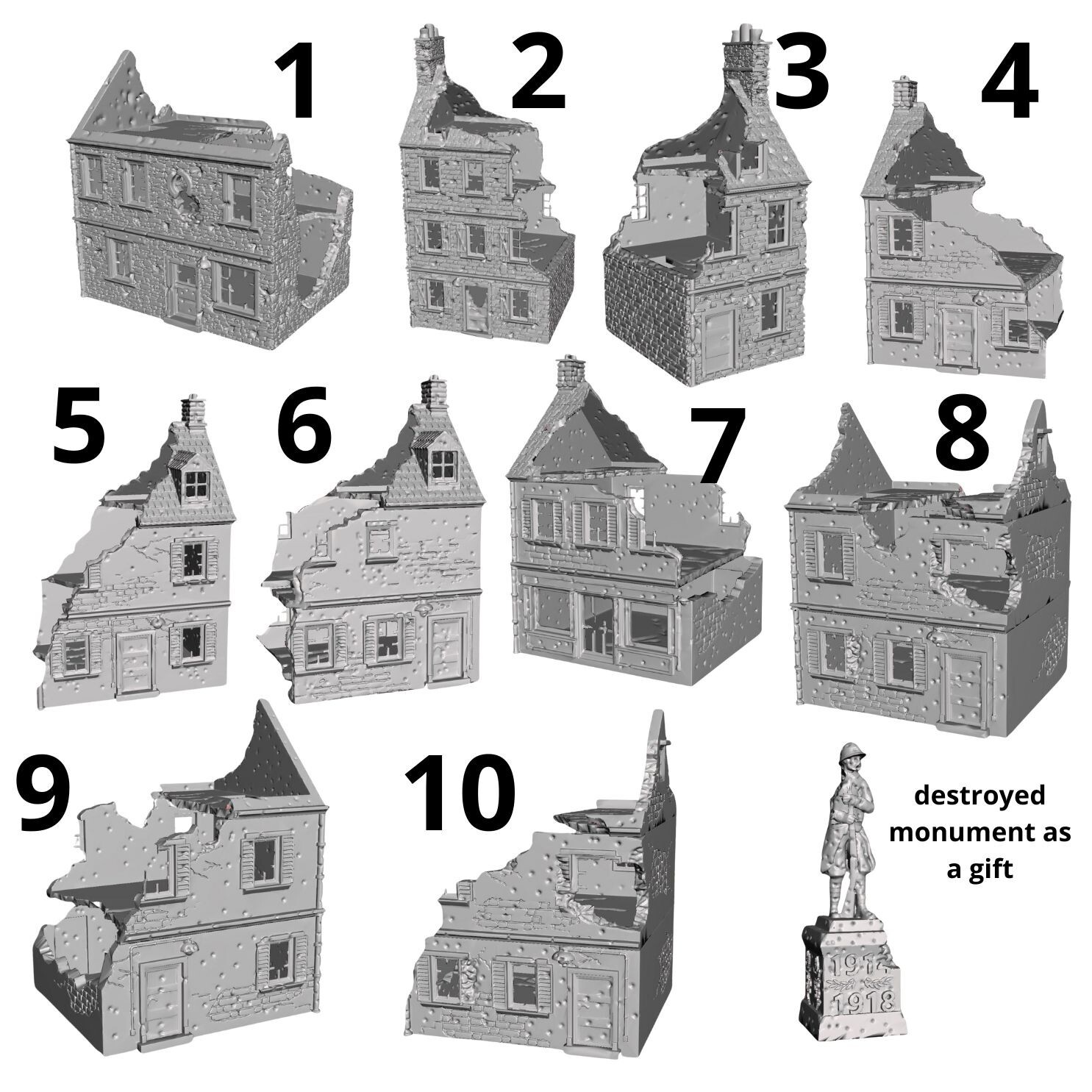 Pack 10 Destroyed House ww2 1:72 scale wargame terrain DIY Model kits ...