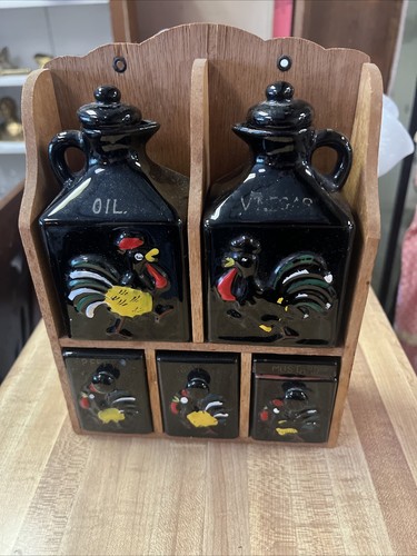 Black & Red Rooster Spice Rack Salt Pepper Shakers Oil Vinegar Mustard ...