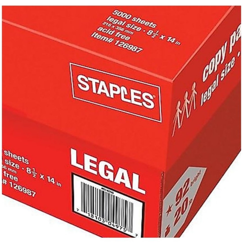 Staples Copy Paper 10 Reams/Carton, 8.5" x 14", 20 lbs, White, 500 ...