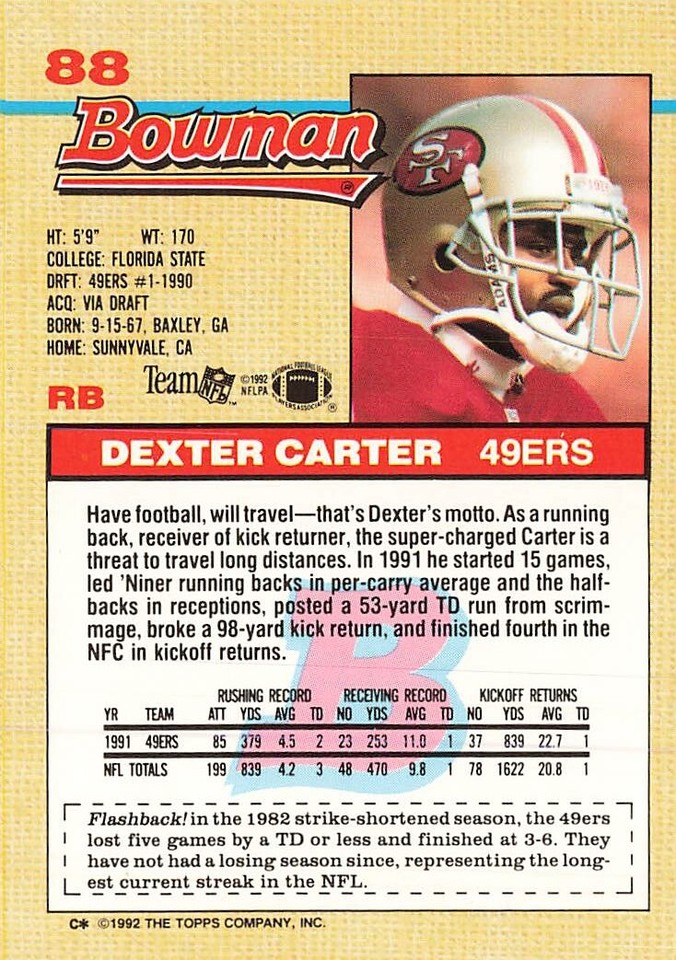 1992 Bowman #88 Dexter Carter San Francisco 49ers | eBay