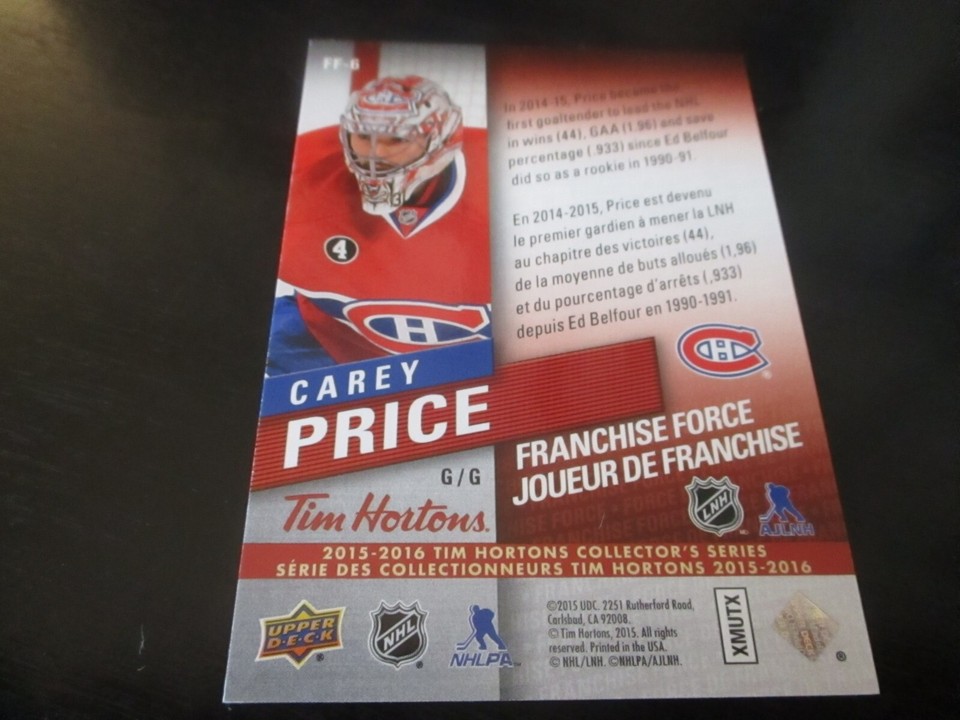 CAREY PRICE (montreal canadians) 2015/16 upper deck TIM HORTONS card # ...