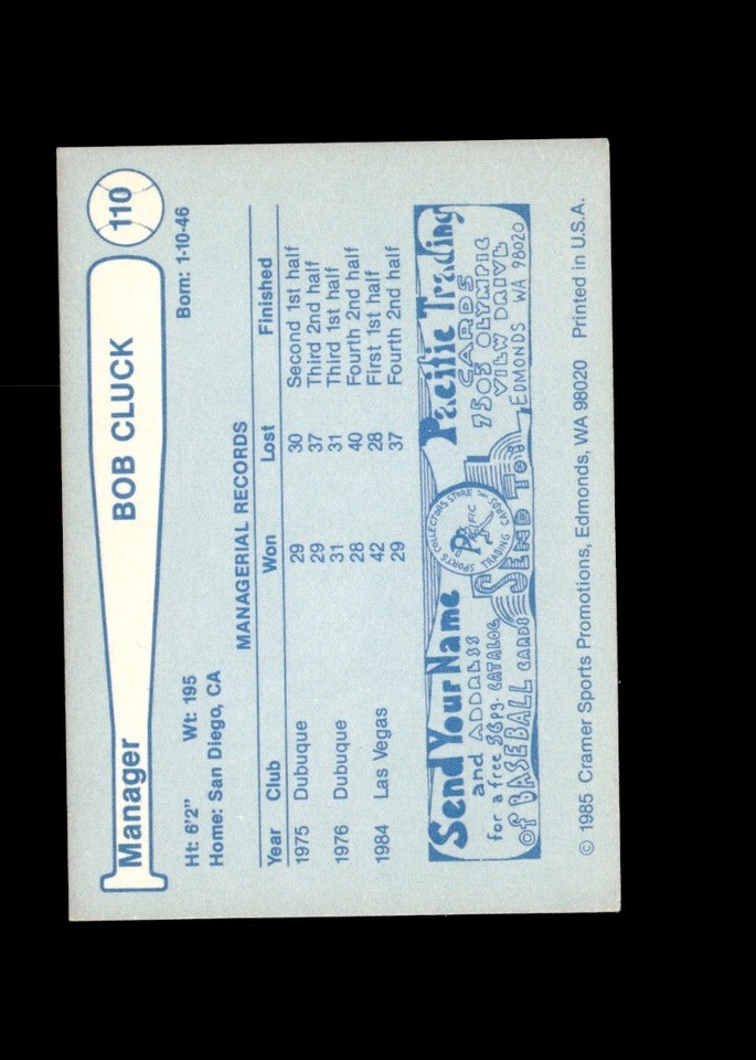 Bob Cluck 1985 Cramer Las Vegas Stars authentic autographed card | eBay
