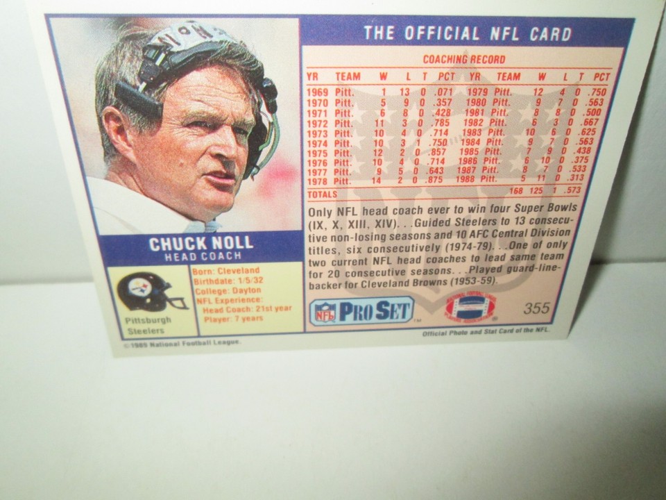 CHUCK KNOLL 1989 Pro Set Card #355 rare PITTSBURGH STEELERS HOF Coach ...