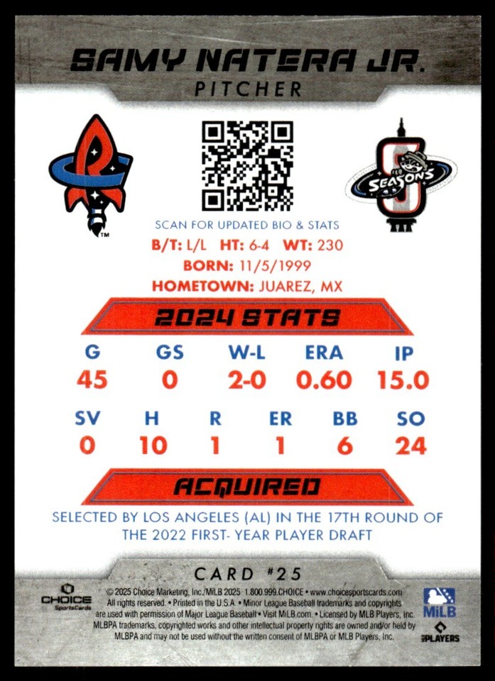 2025 Sammy Natera Jr. MiLB Minor League Rookie Rocket City Trash Pandas ...