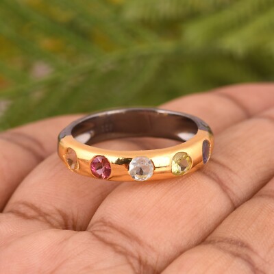 Dual Tone Multi Color Gemstone Band Ring 925 Silver Engagement Ring ...