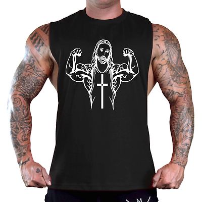Men's Buff Jesus Muscle Black T-Shirt Tank Top Gym Workout Fitness ...
