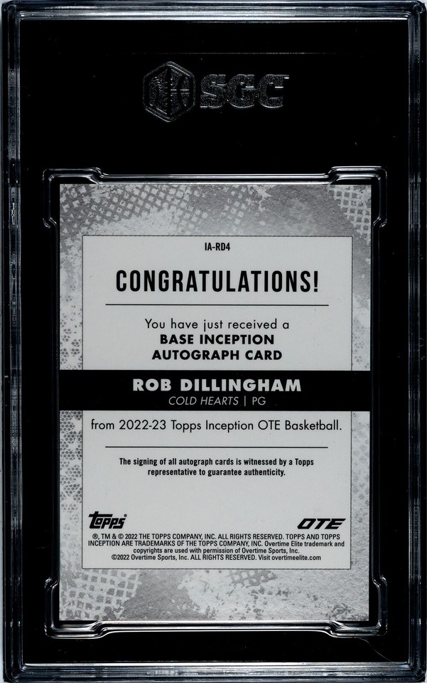2023 TOPPS INCEPTION OVERTIME ROB DILLINGHAM RC AUTO PINK 92/99 GRADED ...