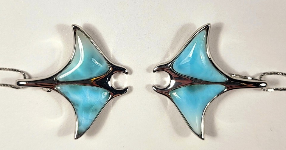 Larimar Manta Ray Pendant in Sterling Silver 925 + 18" Silver Necklace ...