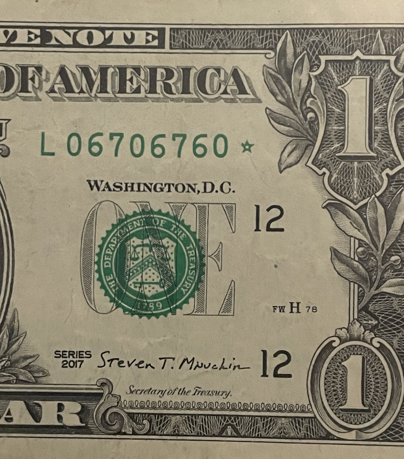 One Dollar Star Note Bookend Trinary Fancy Serial Number L06706760* 067 ...