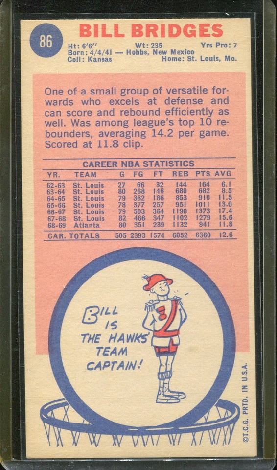 1969 Topps Basketball # 86 Bill Bridges NM Near Mint | eBay