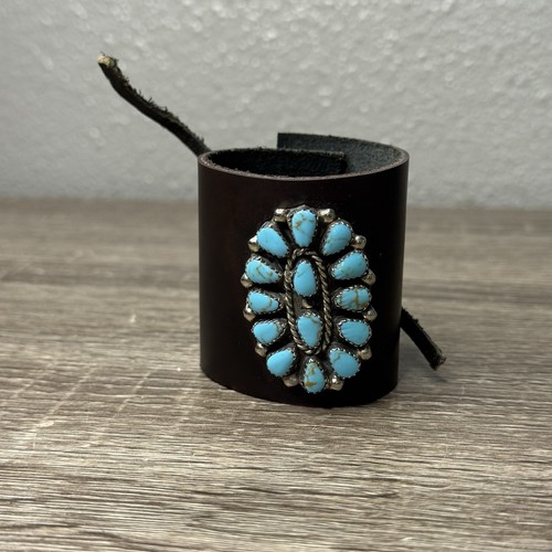 VTG Navajo Nickel Silver Turquoise Bow Guard Black Leather Bracelet ...
