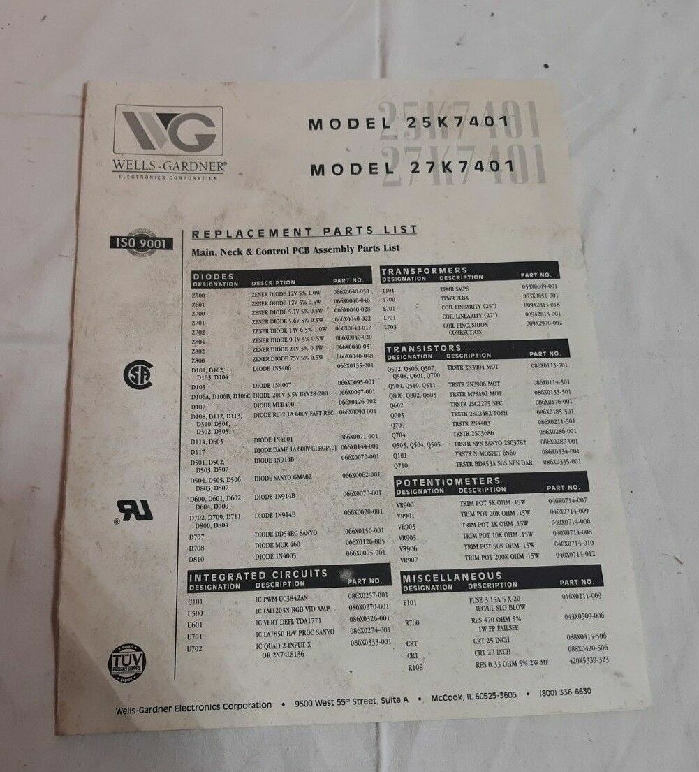WELLS GARDNER 25K7401 & 27K7401 Arcade Monitor Schematics and Pats List ...