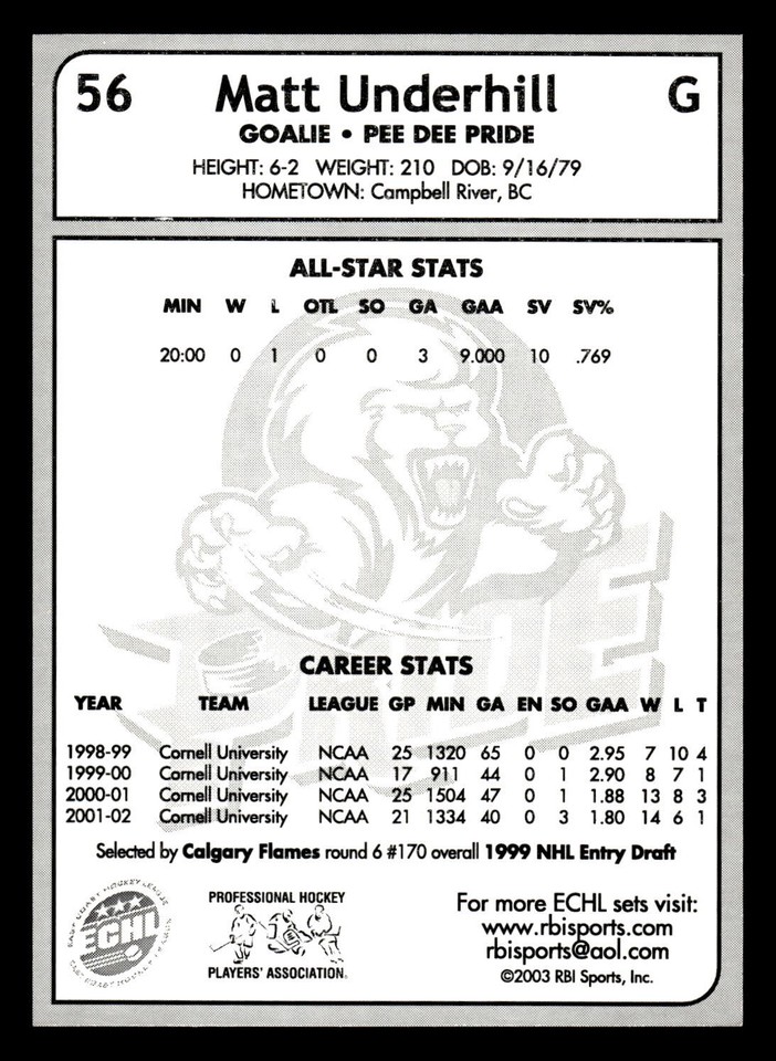 Matt Underhill 2002-03 RBI Sports ECHL #56 Pee Dee Pride | eBay