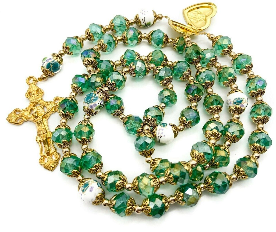 Catholic Green Crystals Beads Gold Rosary Necklace Miraculous Medal | eBay