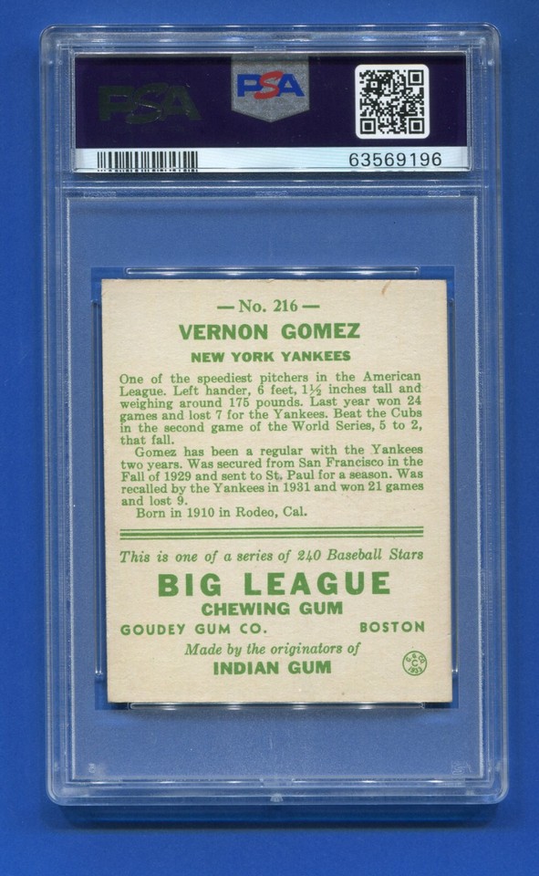 1933 Goudey Vernon Lefty Gomez PSA 7 NM #216 Rookie RC HOF Centered ...