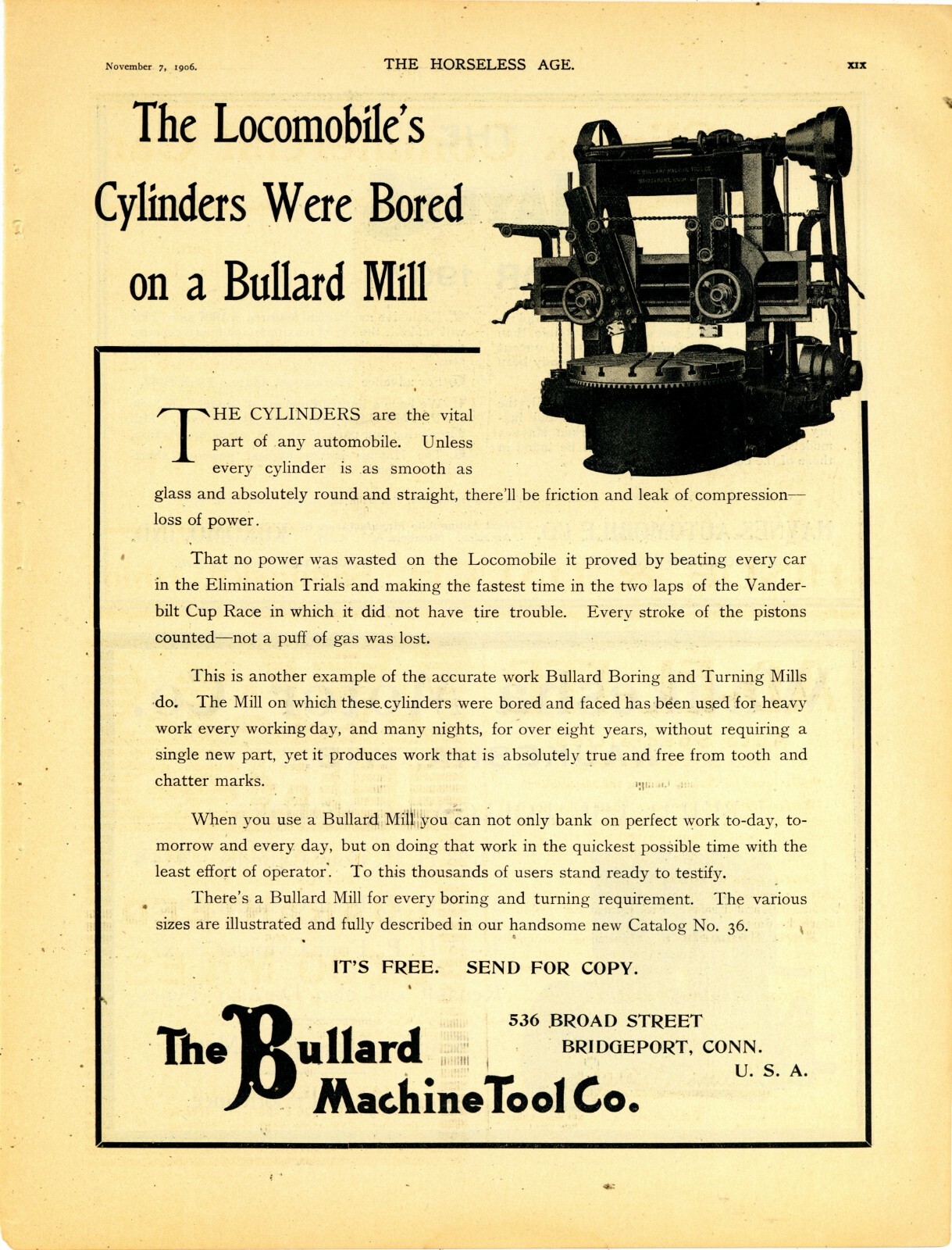 Nov 1906 Bullard Machine Co Ad: Engine Cylinder Mill, Locomobile ...