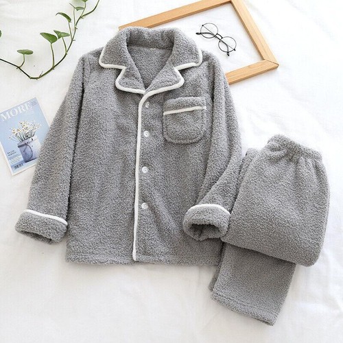 2PC Suit Men's Fleece Blend Sleepwear Long Sleeve Nightwear Thicken V ...