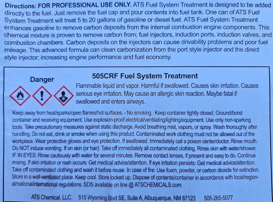 2 ATS Chemical 505 CRF Fuel System Treatment Gas -Diesel Engines SHIPS ...