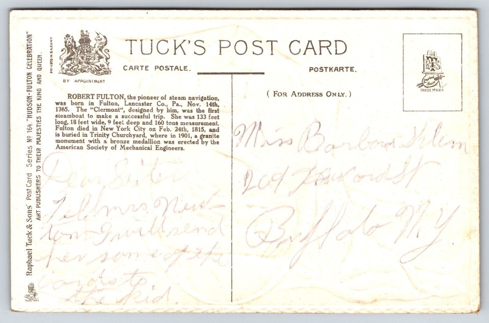 Tuck Postcard Portrait of Robert Fulton Steamboat Clermont Designer ...