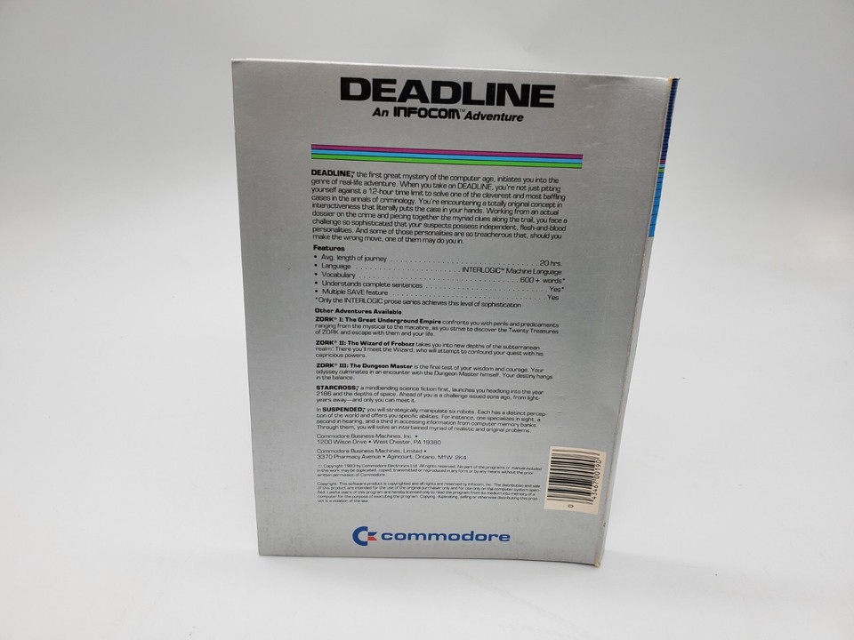 DEADLINE (INFOCOM, COMMODORE 64, 1982, 5.25 FLOPPY) CIB -TESTED WORKS ...
