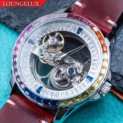 Mens Silver Automatic Mechanical Watch Bridge Rainbow Cubic Oil Waxed ...