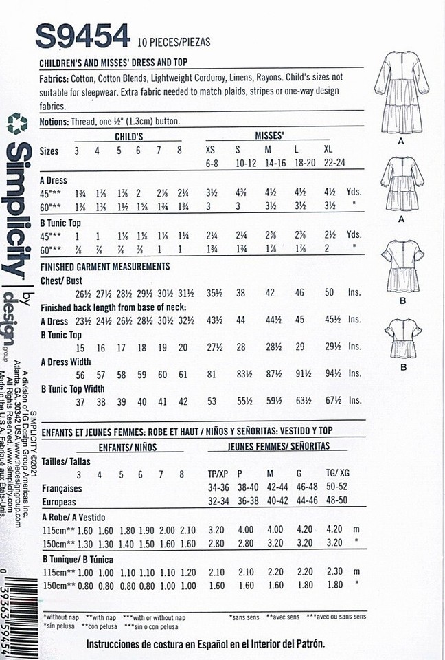 Simplicity 9454 Tiered Dress Top Matching Mother Daughter Pattern 3-8 ...