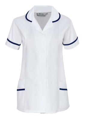 NURSES TUNIC, WOMENS HEALTHCARE NHS, WHITE WITH NAVY TRIM, SIZES 8-24 ...