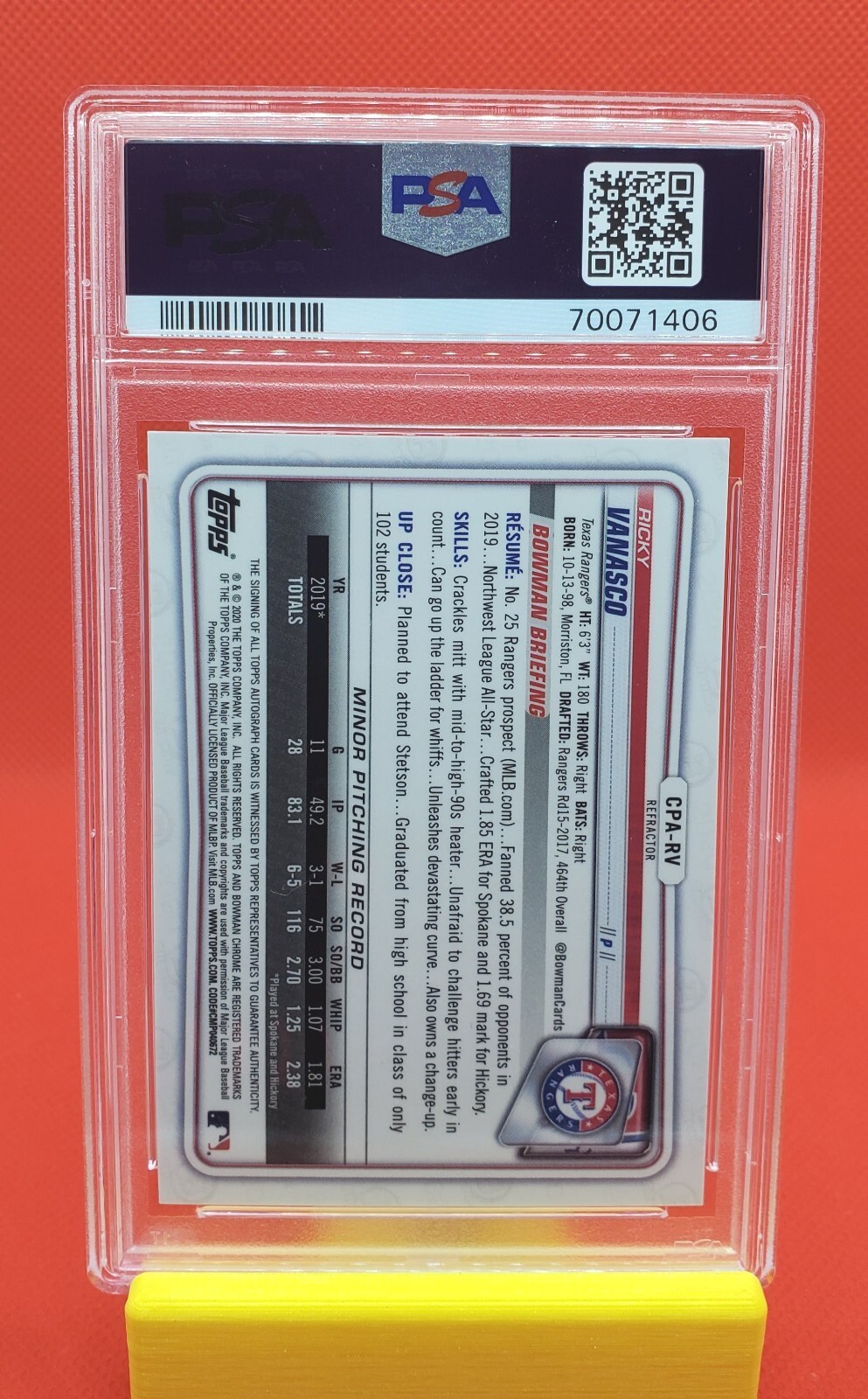 2020 Bowman Chrome Ricky Vanasco 1st RC Auto Ref #309/499 PSA 9 Texas ...