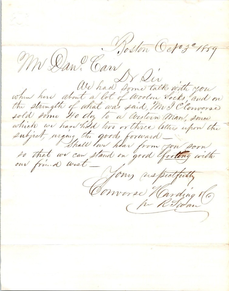 1859 Letter from Converse Harding About Woolen Sock Sales Cursive ...