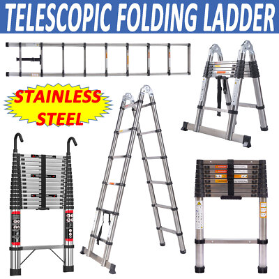 Folding Telescoping Ladder Stainless Steel Multi Purpose Step Non-Slip ...