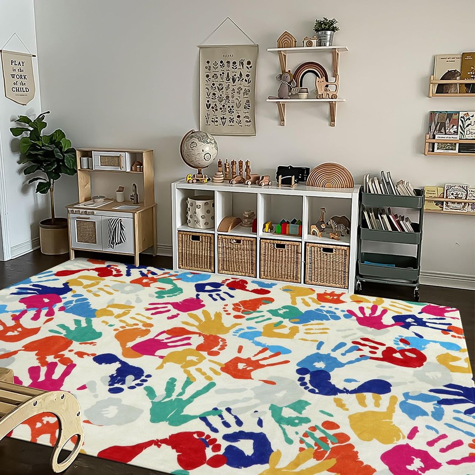 Large Kids Rug for Playroom, 8'x10' Handprints and Footprints Colorful ...