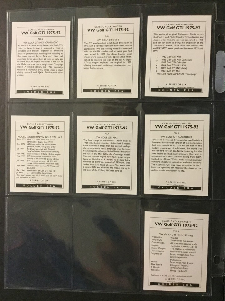 2002 Golden Era Classic Volkswagen VW Golf GTi 1975-92 Set of 7 Cards ...
