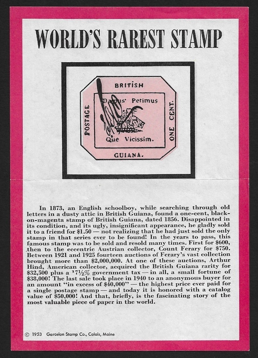 British Guiana 1856 1c magenta facsimile1953 Garceleon Stamp advert ex ...