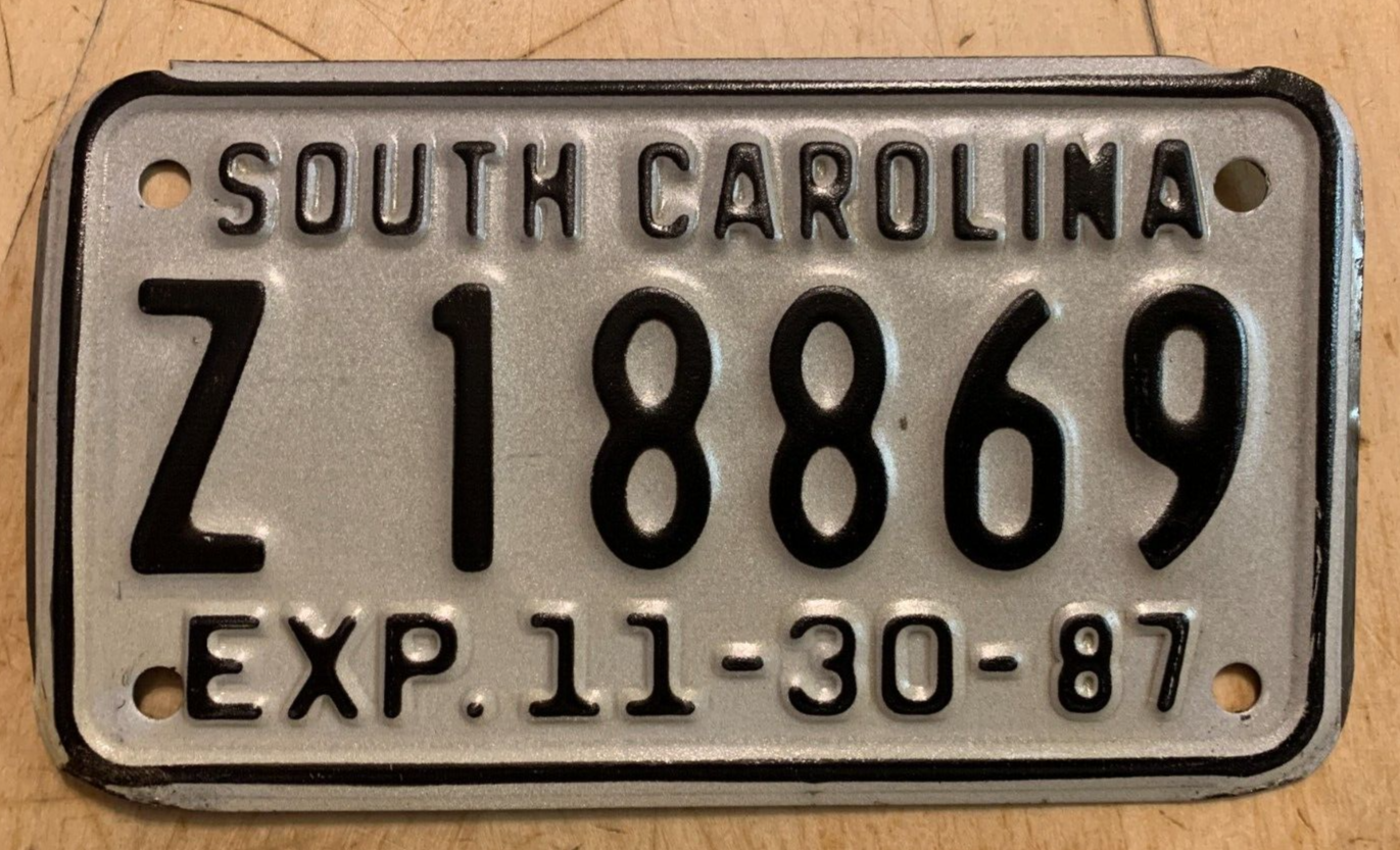 1987 SOUTH CAROLINA MOTORCYCLE CYCLE LICENSE PLATE " Z 18869 " SC 87 | eBay