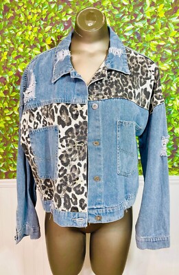 Brand New Leopard Print Jean Jacket XL Trendy Distressed Ripped Jacket ...